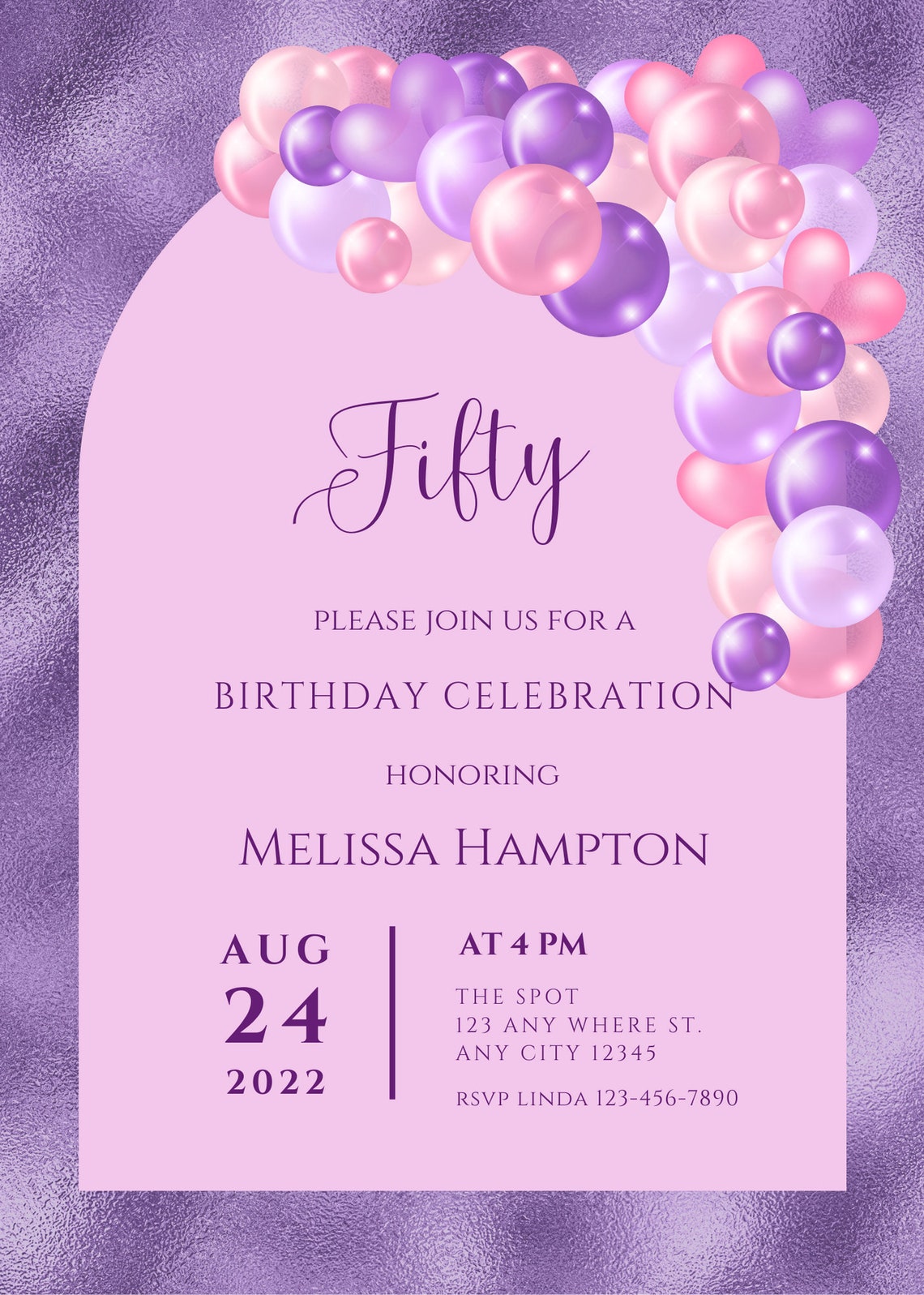 Editable Pink and Purple Birthday Invitation, Pink and Purple Balloon ...