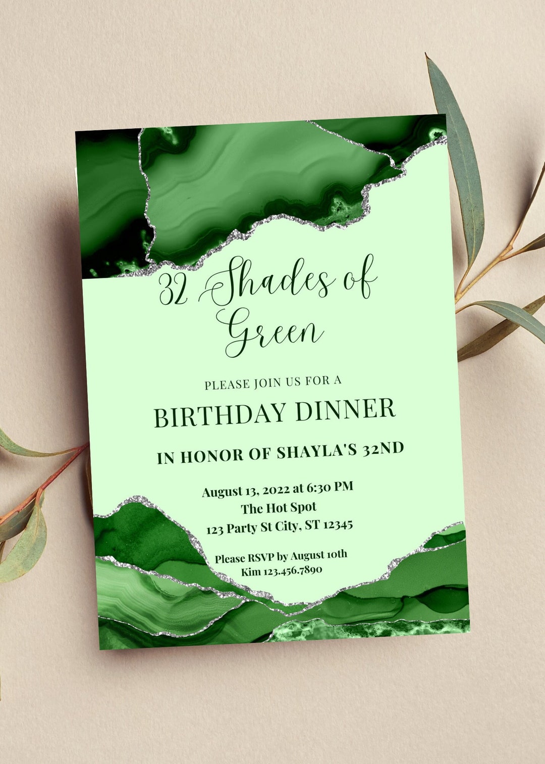 Editable Shades of Green Invitation, Green and Silver, Birthday Dinner ...
