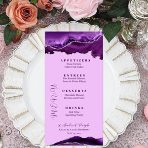 Editable Shades of Purple Menu Card Template, Purple and Silver Menu ...