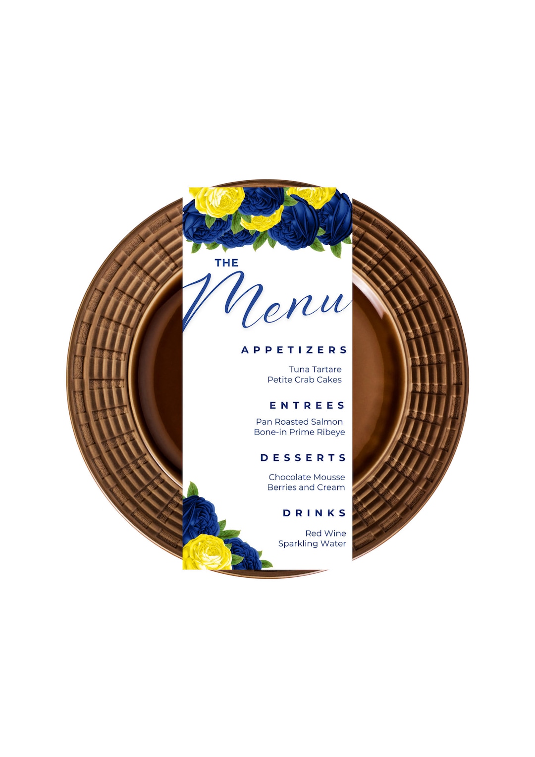 Editable Menu Card Template, Blue and Yellow Menu Cards, Floral, Dinner ...