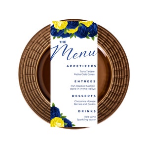 Editable Menu Card Template, Blue and Yellow Menu Cards, Floral, Dinner ...