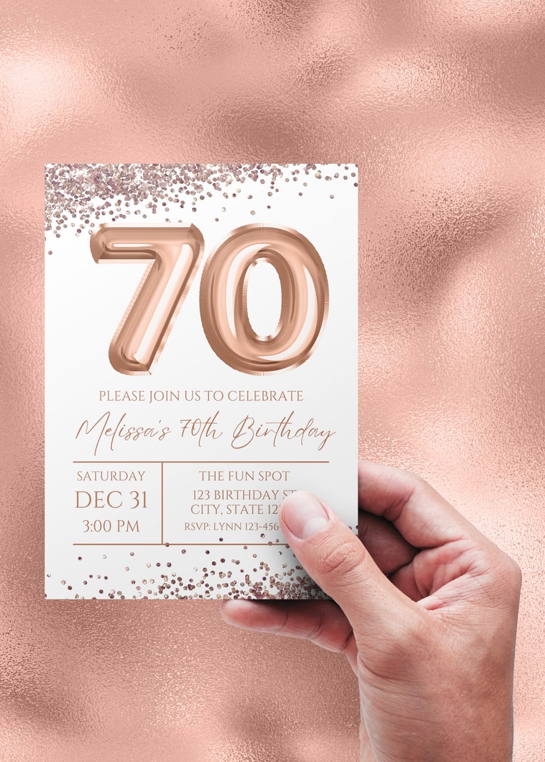 Editable 70th Birthday Invitation Rose Gold And White Etsy