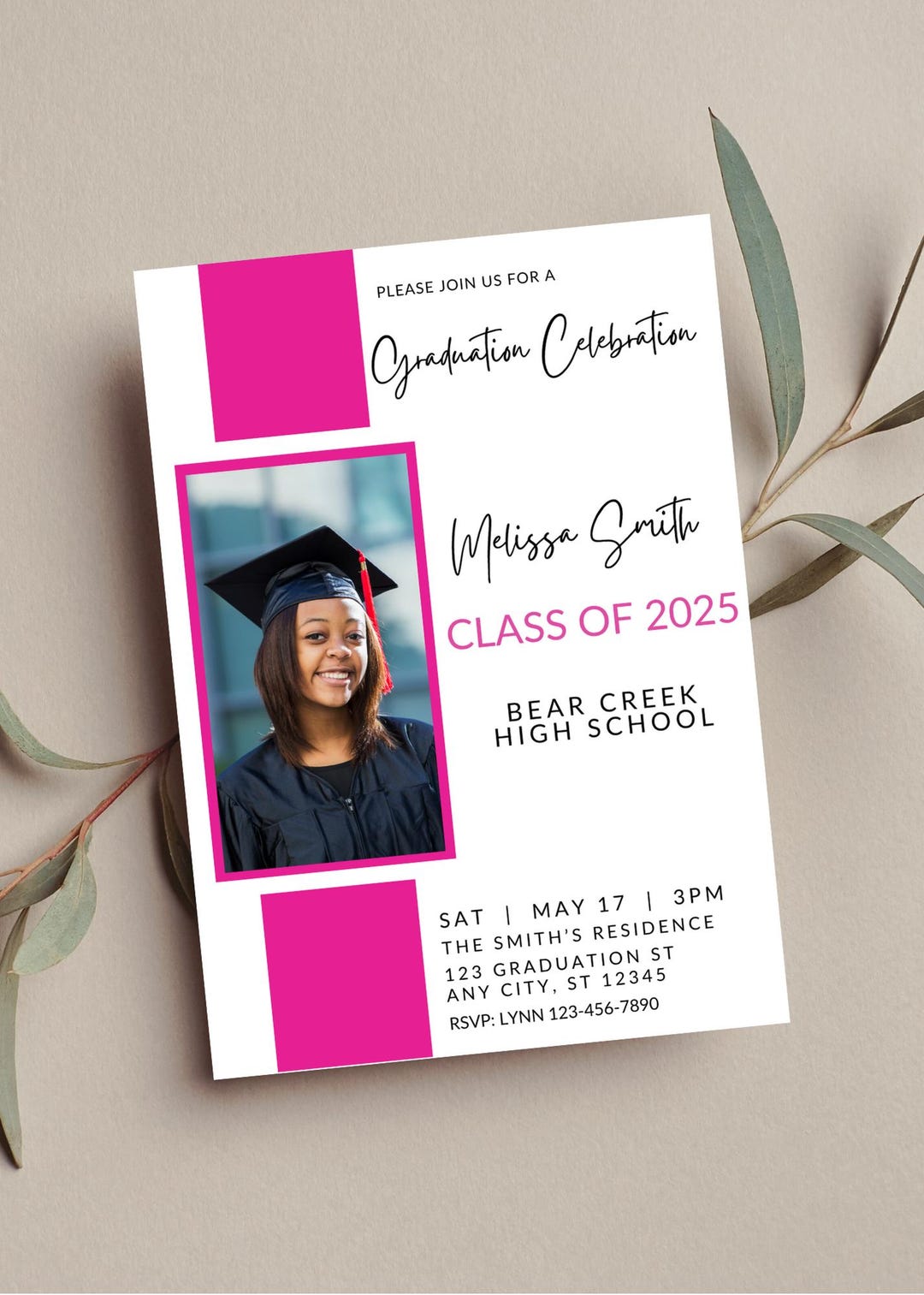 Pink Graduation Invitation With Photo Modern Printable Announcement ...