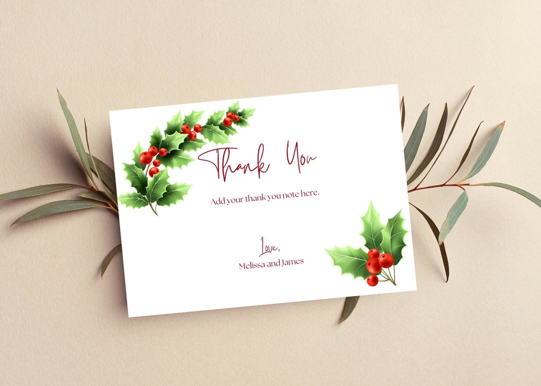 Editable Christmas Thank You Card, Thank You Note, Christmas Holly, Any ...