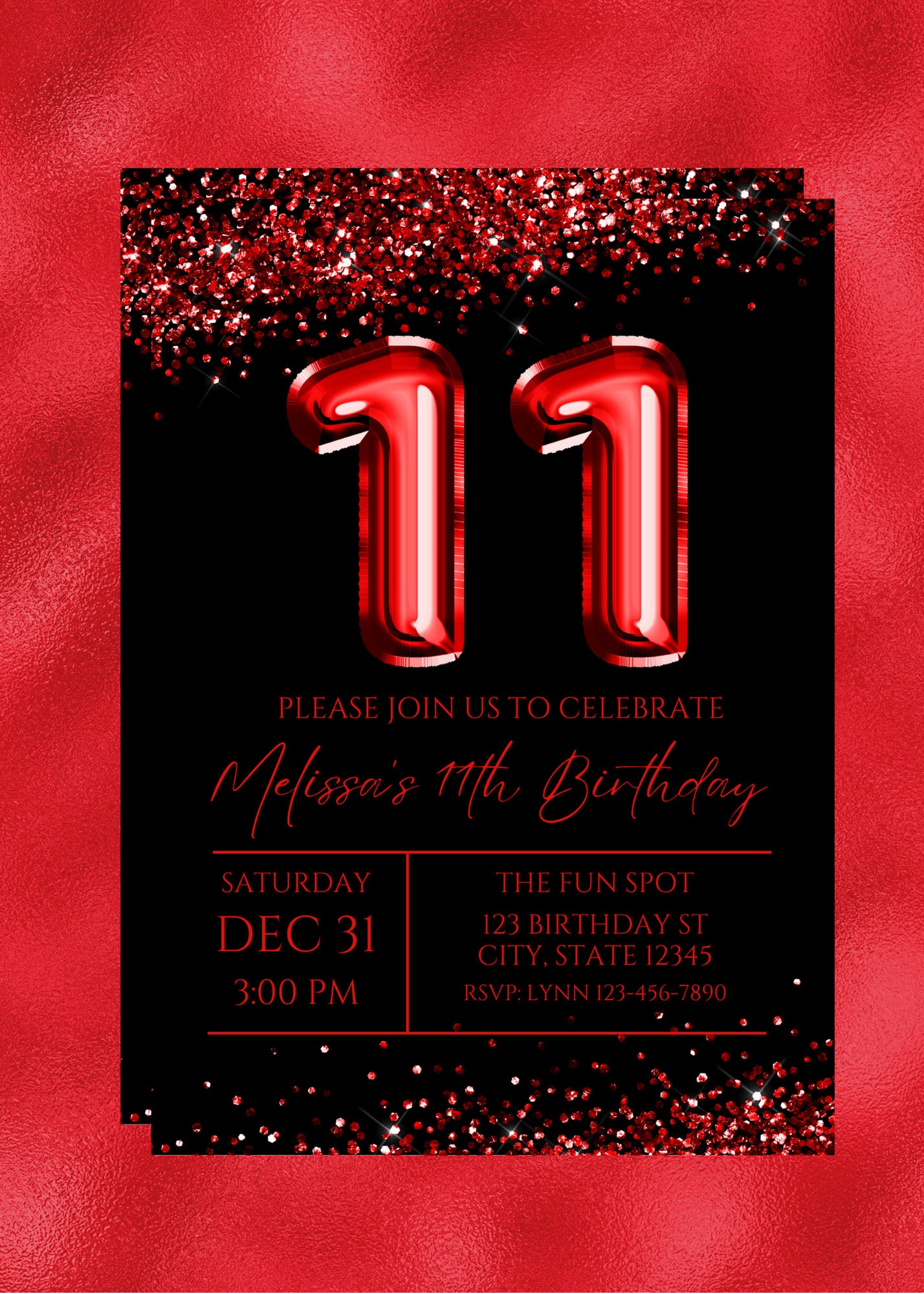 Editable 11th Birthday Invitation, Red and Black Invitation, Red 11 ...