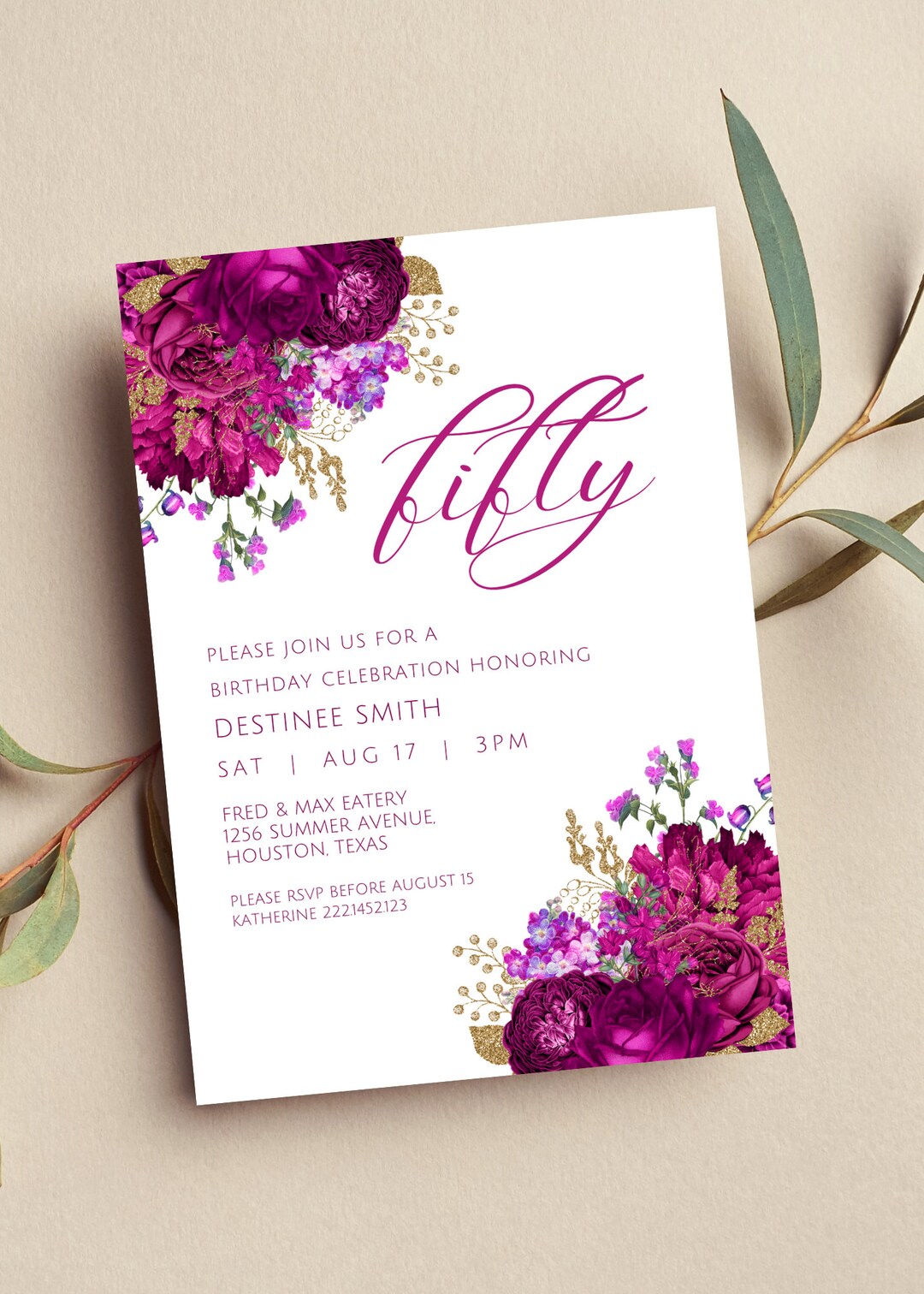 Editable Fuchsia and Gold Floral Invitation, Fuchsia and Gold Flowers ...
