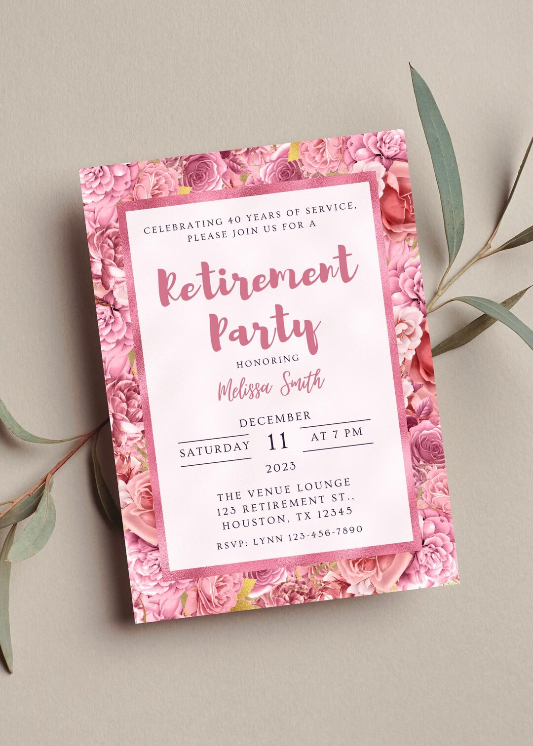 Editable Retirement Party Invitation Template, Pink and Gold Floral ...