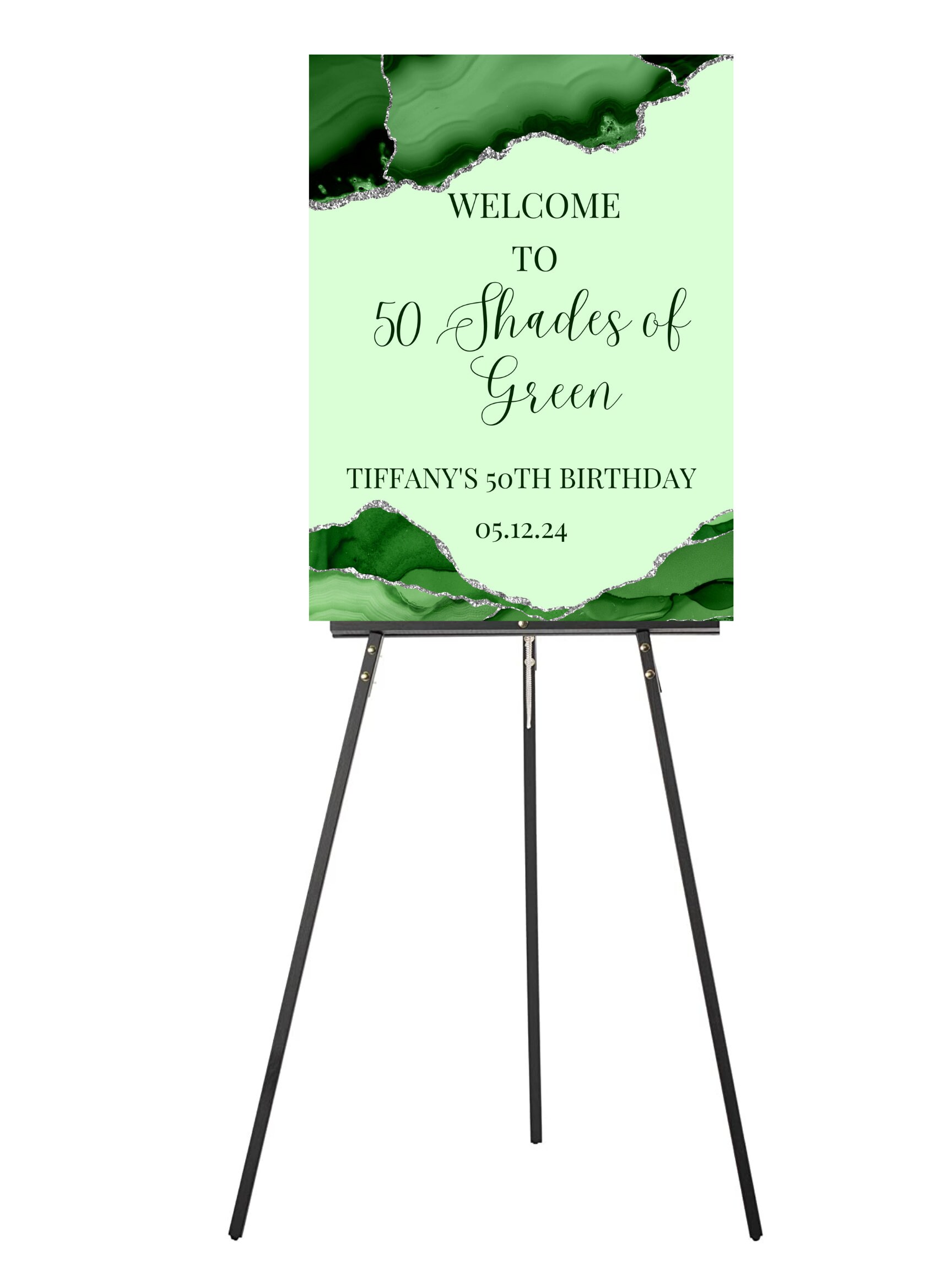 Editable Shades of Green Birthday Welcome Sign, Green and Silver ...