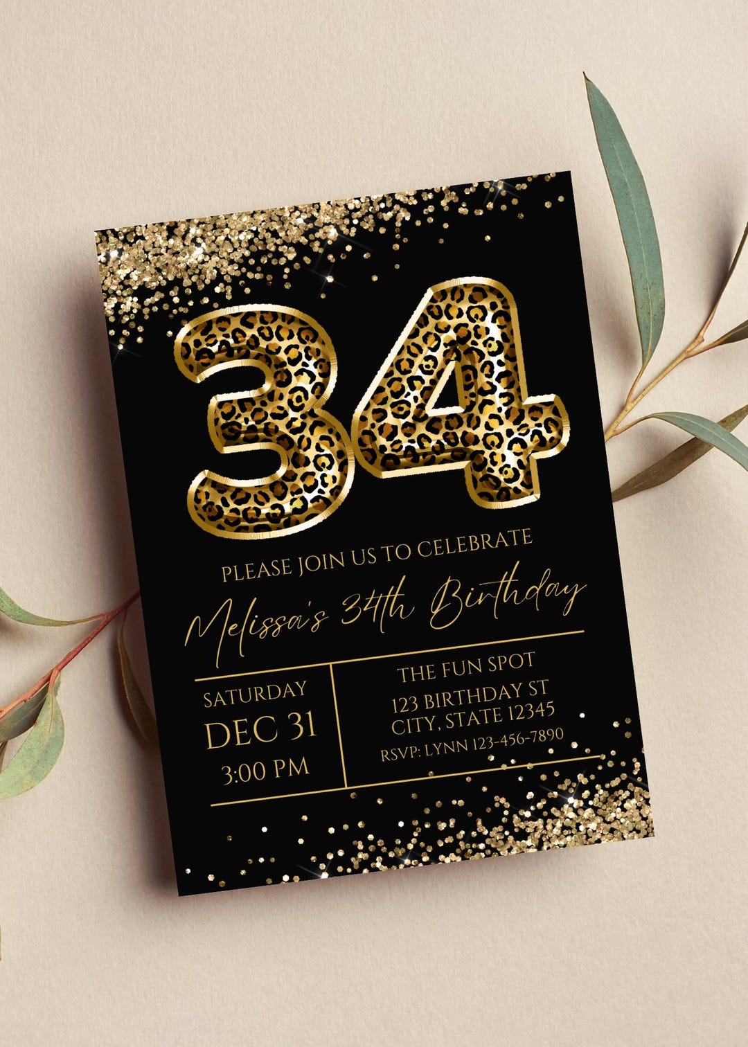 Editable 34th Birthday Invitation, Leopard Print, Black and Gold ...