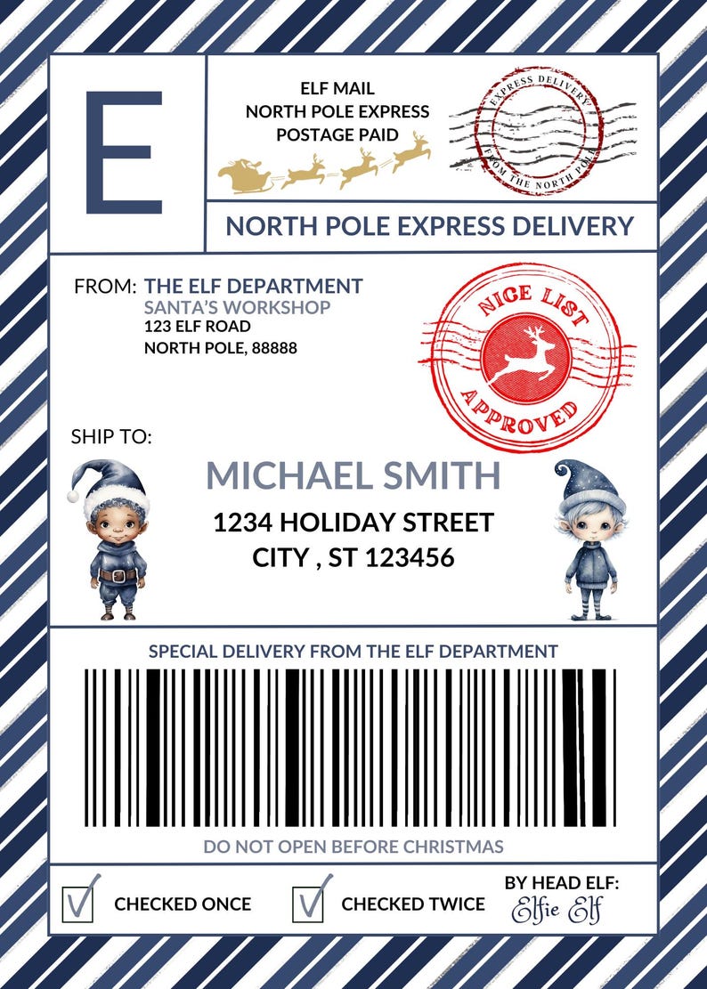 Printable Blue Elf Shipping Label, North Pole Delivery, Santa Postage ...