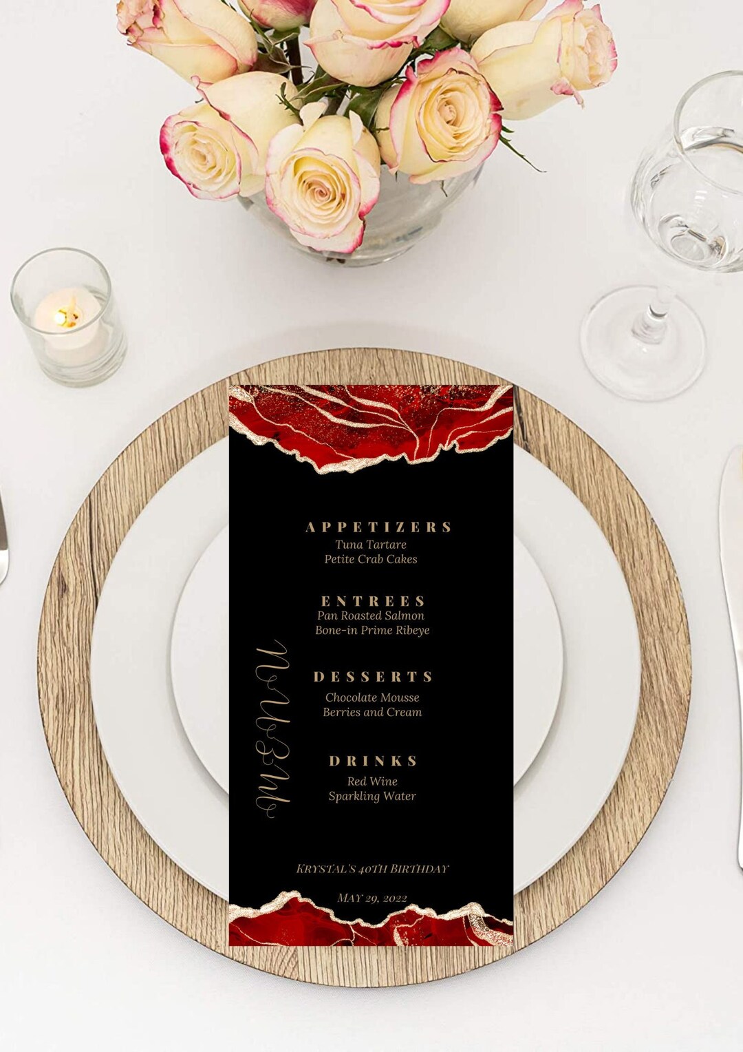 Editable Menu Cards Template, Red and Gold,, Birthday Dinner Menu ...