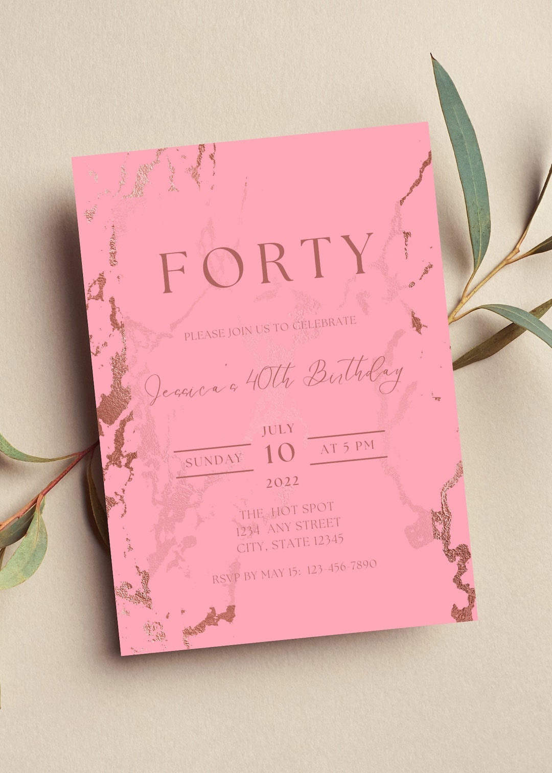 Editable Pink Birthday Invitation, Pink Marble Invitation, Pink Party ...