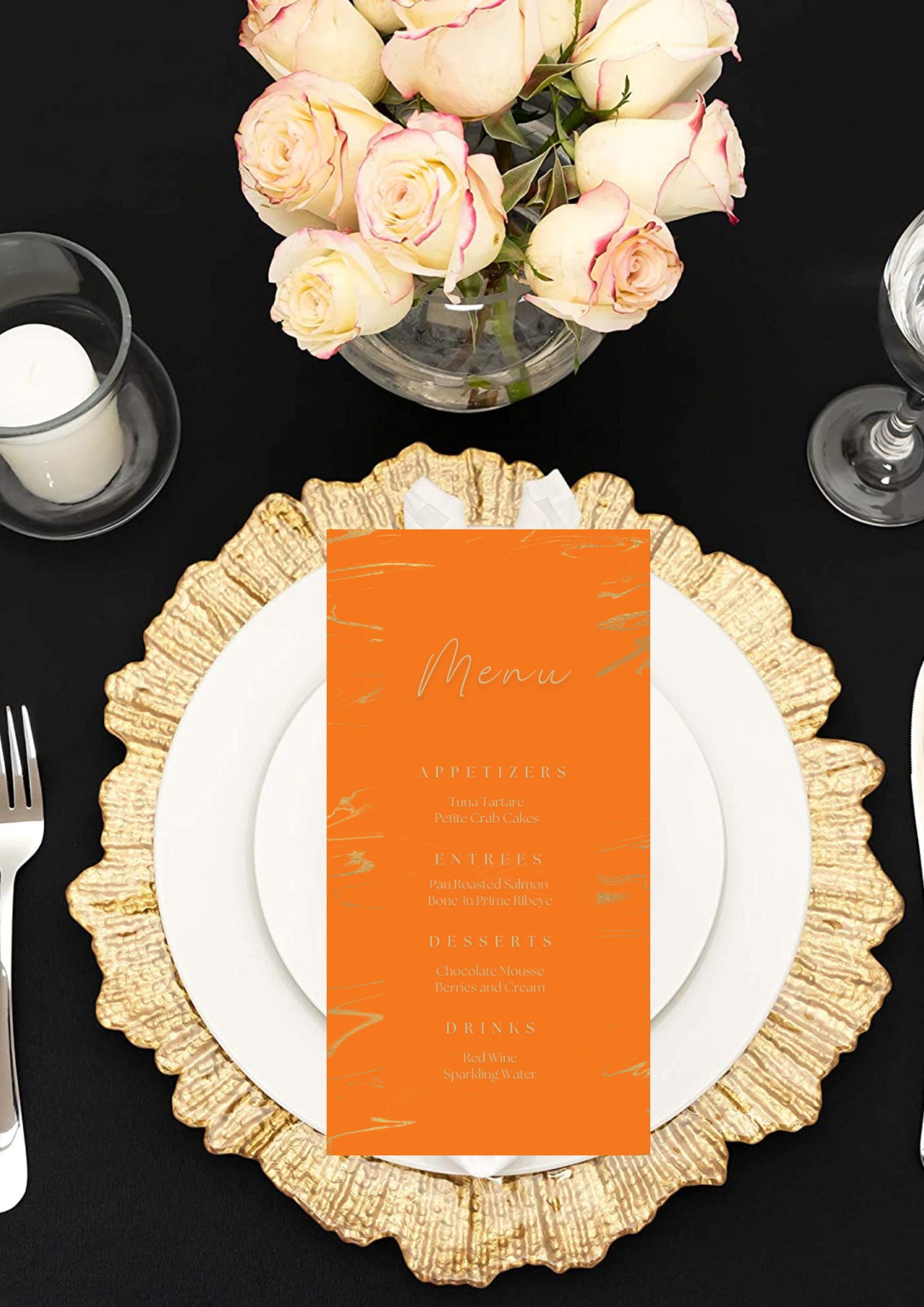 Editable Orange and Gold Menu Card Template, Marble Design, Luxury ...