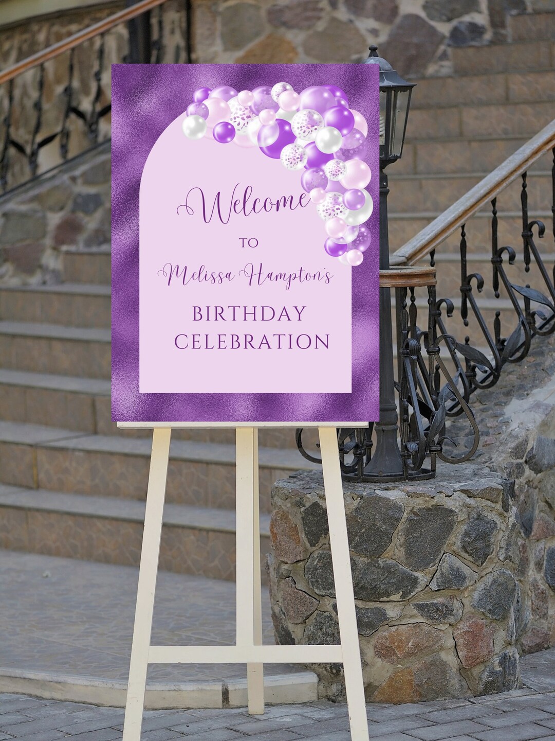 Editable Purple and White Birthday Welcome Sign, Balloon Birthday Party ...