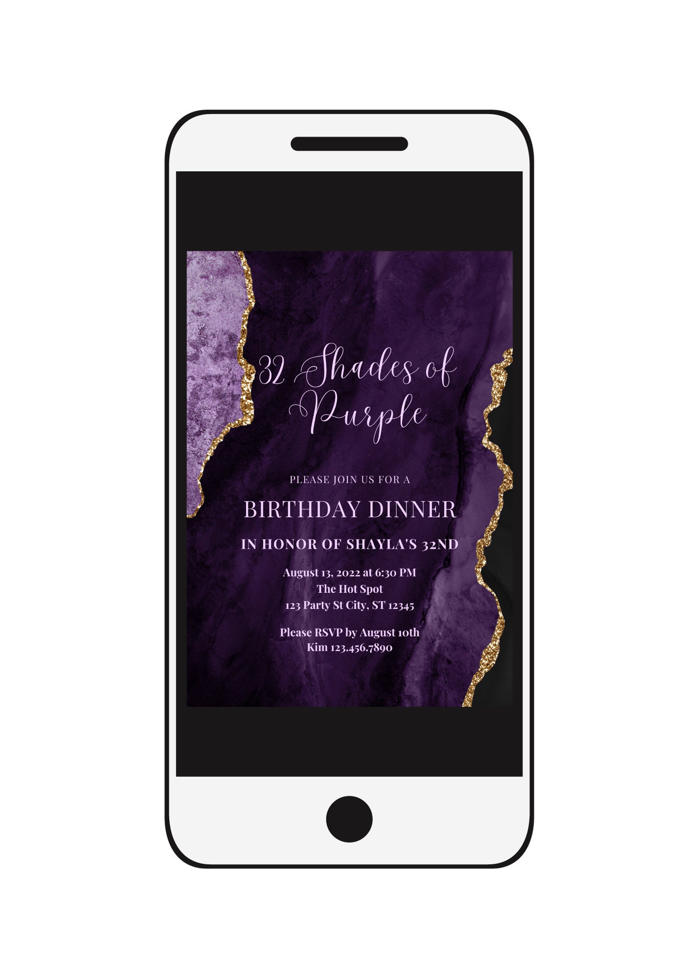 Editable Shades of Purple Invitation, Purple and Gold, Birthday Dinner ...