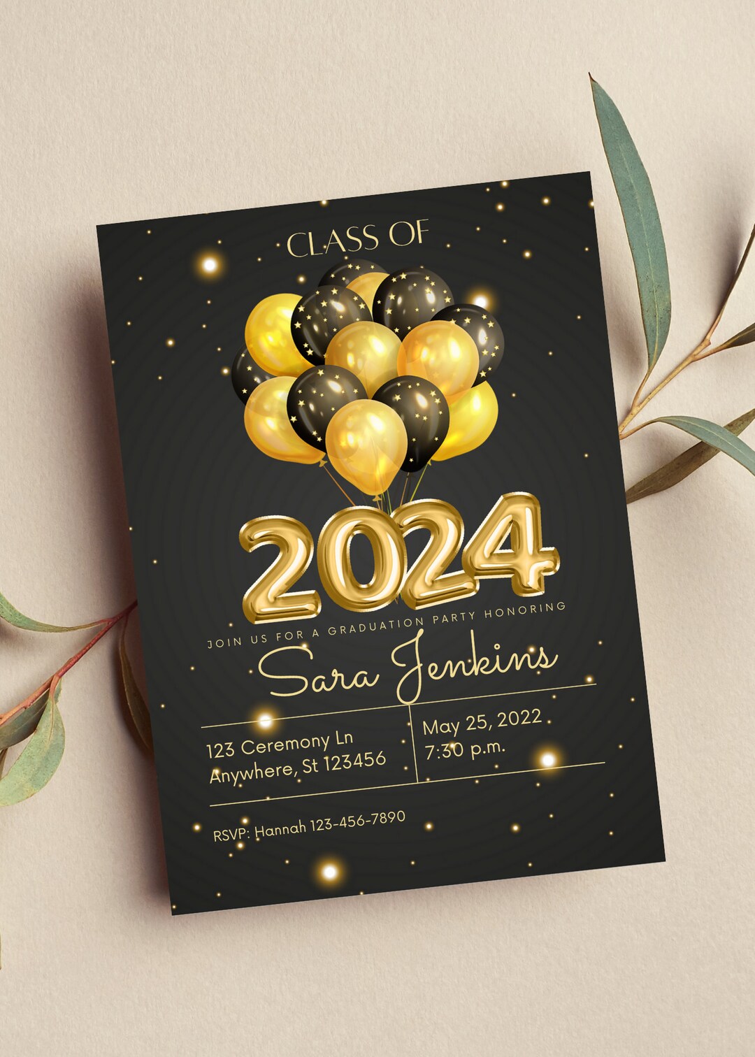 Editable Graduation Invitation 2024, Black and Gold Balloons Graduation ...