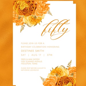 Editable Orange and Gold Floral Invitation, Orange and Gold Flowers ...