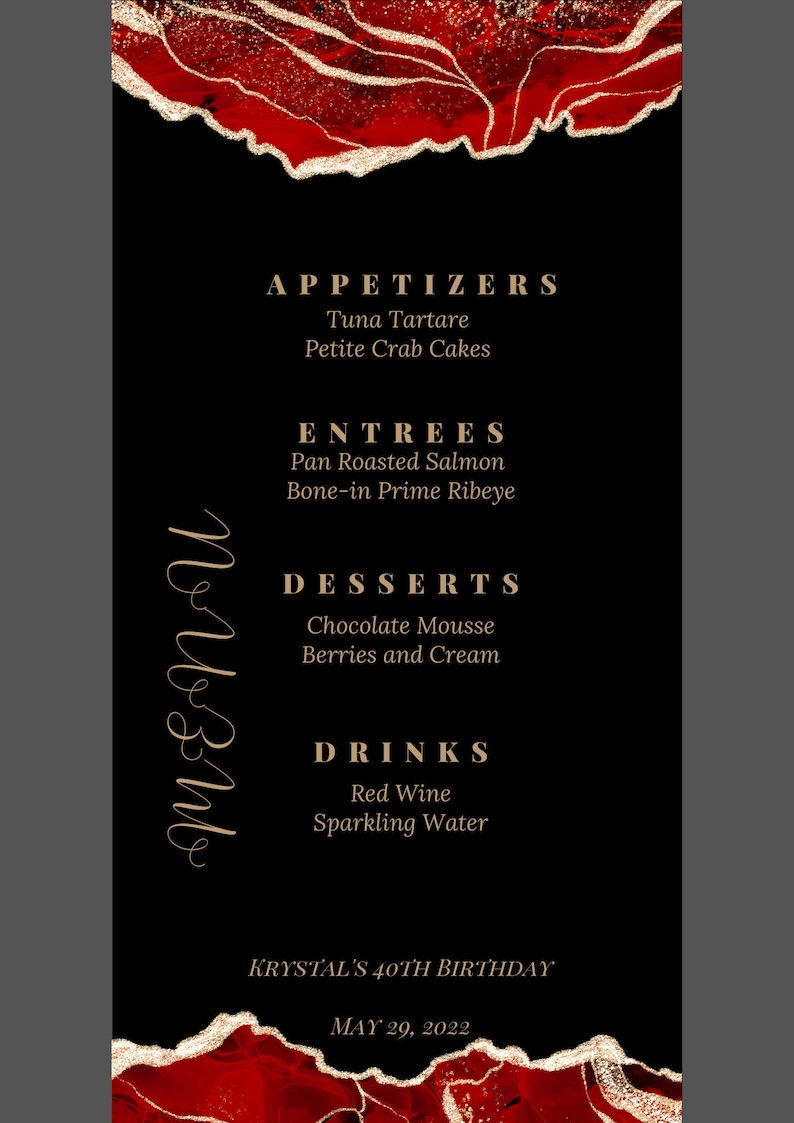 Editable Menu Cards Template, Red and Gold,, Birthday Dinner Menu ...