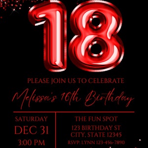 Editable 18th Birthday Invitation, Red and Black Invitation, Red 18 ...