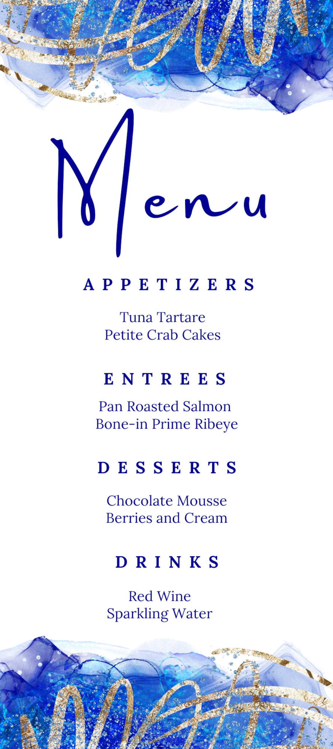 Editable Blue and Gold Menu Template, Birthday Dinner Menu Cards ...