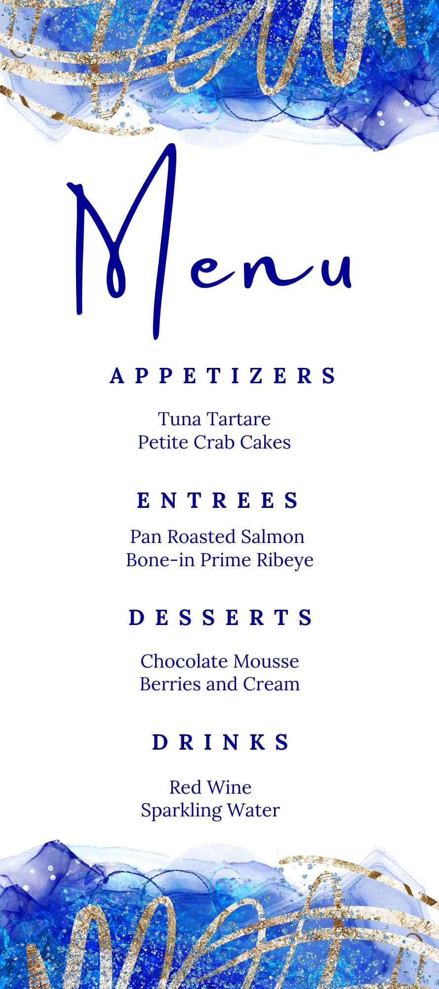 Editable Blue and Gold Menu Template, Birthday Dinner Menu Cards ...
