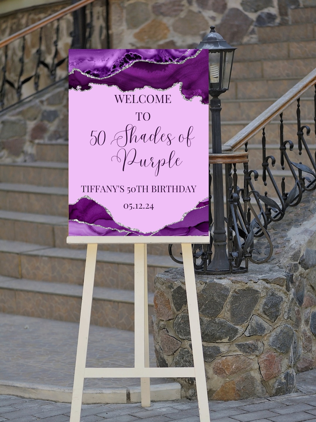 Editable Shades of Purple Birthday Welcome Sign, Purple and Silver ...