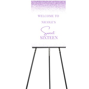 Editable Sweet 16 Purple and White Birthday Welcome Sign, Glitter ...