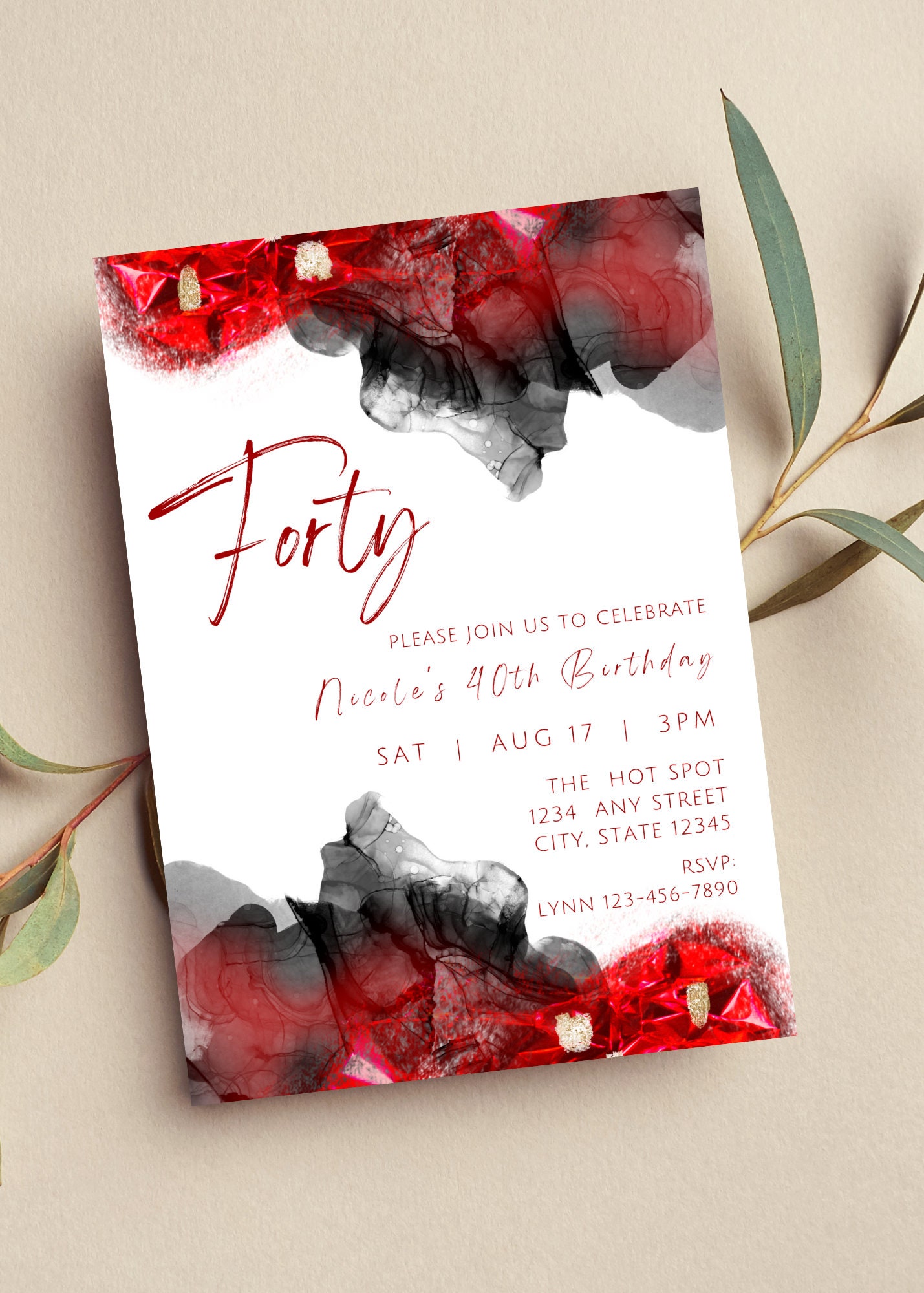 Editable Red, Black, and White Invitation, Watercolor, Glam, Birthday ...