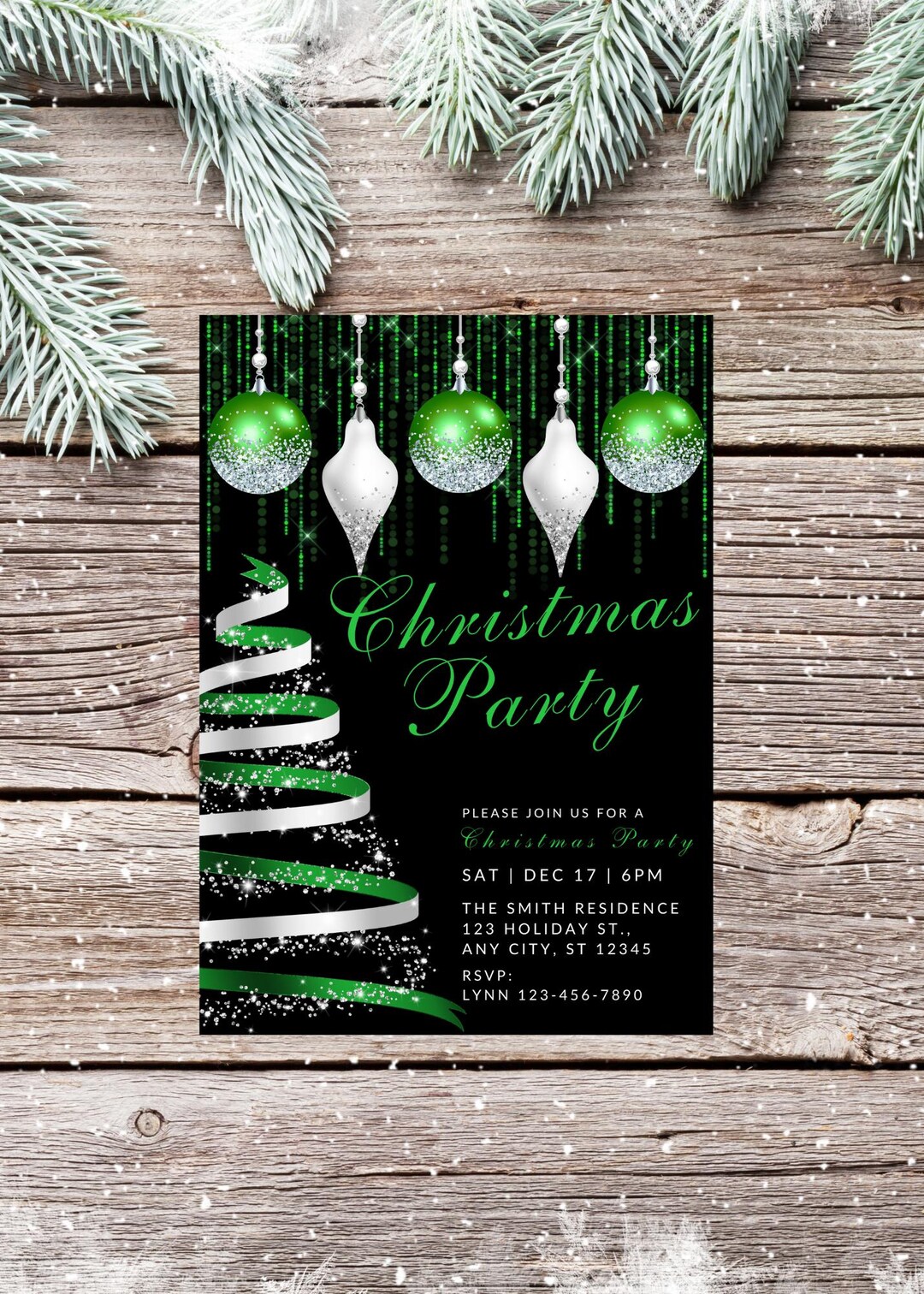Editable Christmas Party Invitation, Green and Silver, Holiday ...
