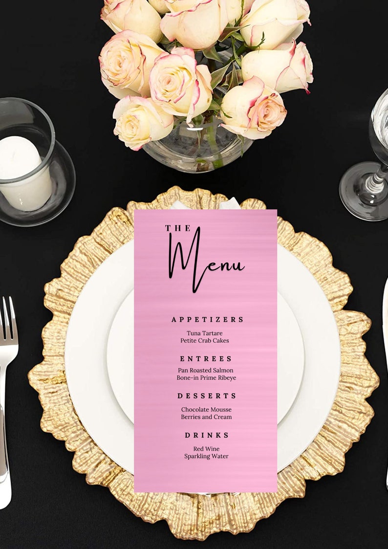 Editable Pink Menu Card, Modern, Minimalist Menu, Birthday Dinner Menu ...