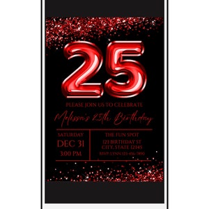 Editable 25th Birthday Invitation, Red and Black Invitation, Red 25 ...