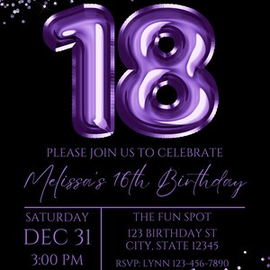 Editable 18th Birthday Invitation, Purple and Black Invitation, Purple ...