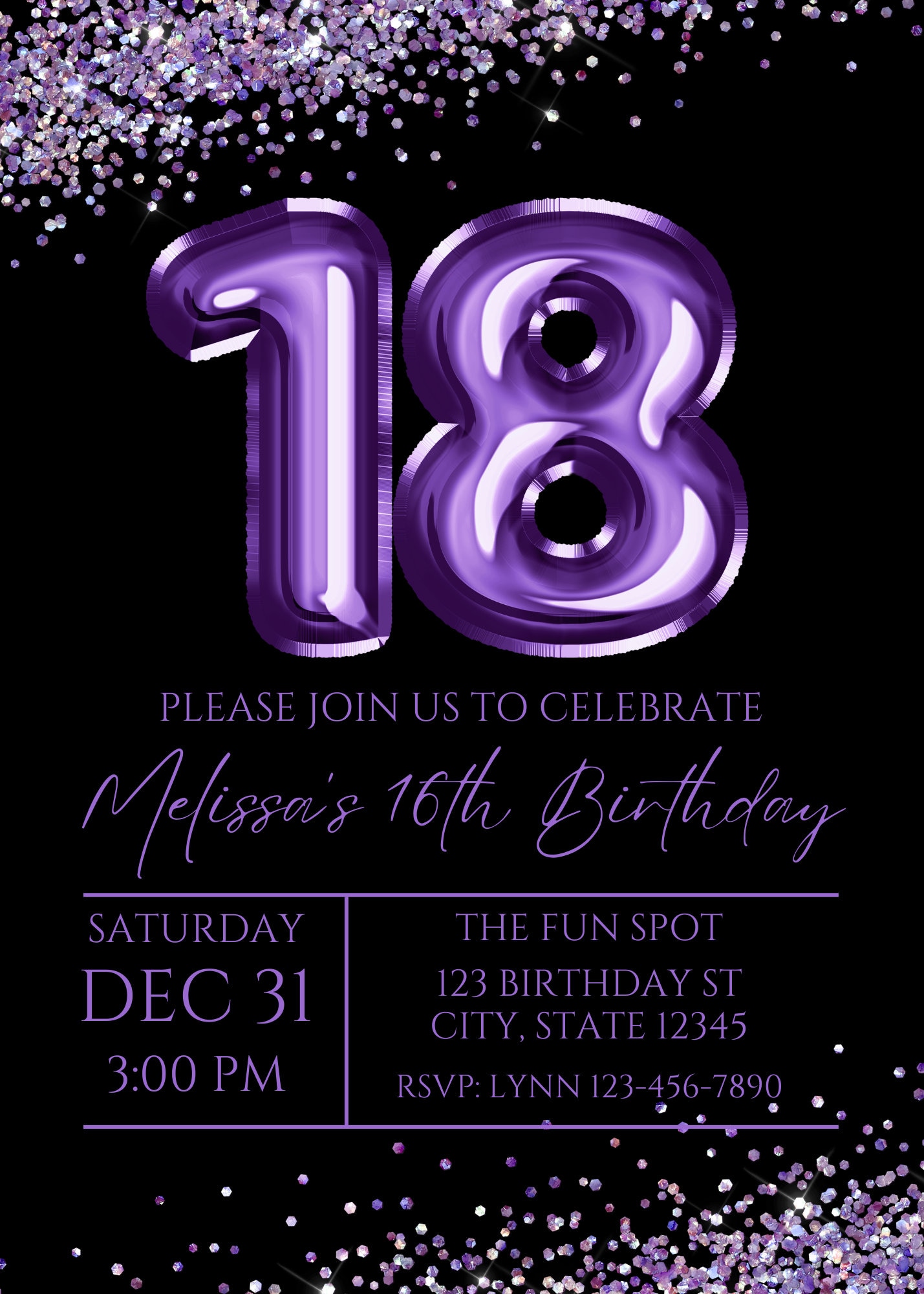 Editable 18th Birthday Invitation Purple and Black - Etsy Australia
