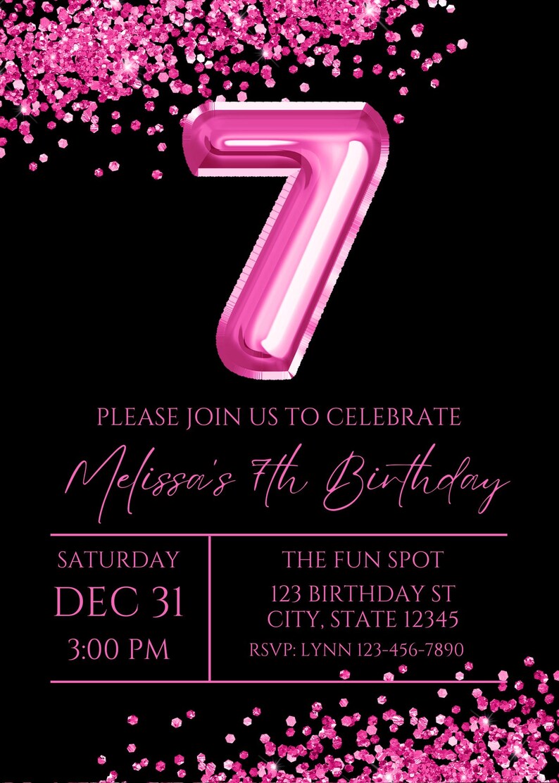 Editable 7th Birthday Invitation, Hot Pink and Black Invitation, Hot ...