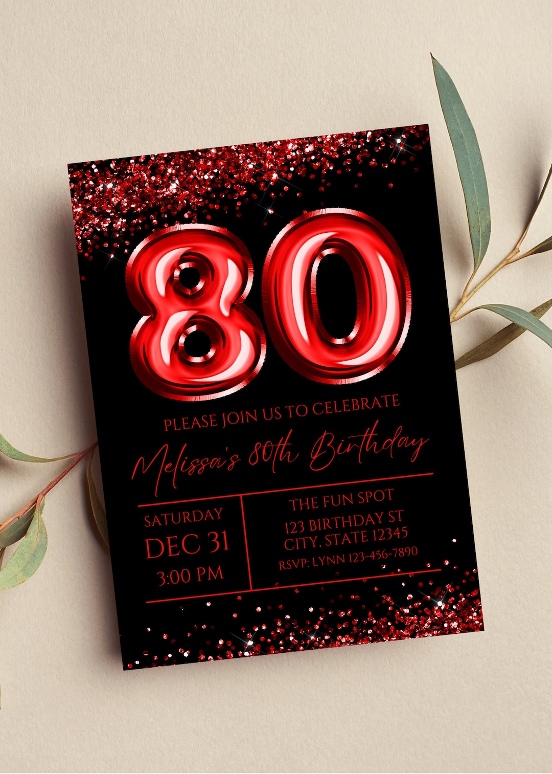 Editable 80th Birthday Invitation, Red and Black Invitation, Red 80 ...
