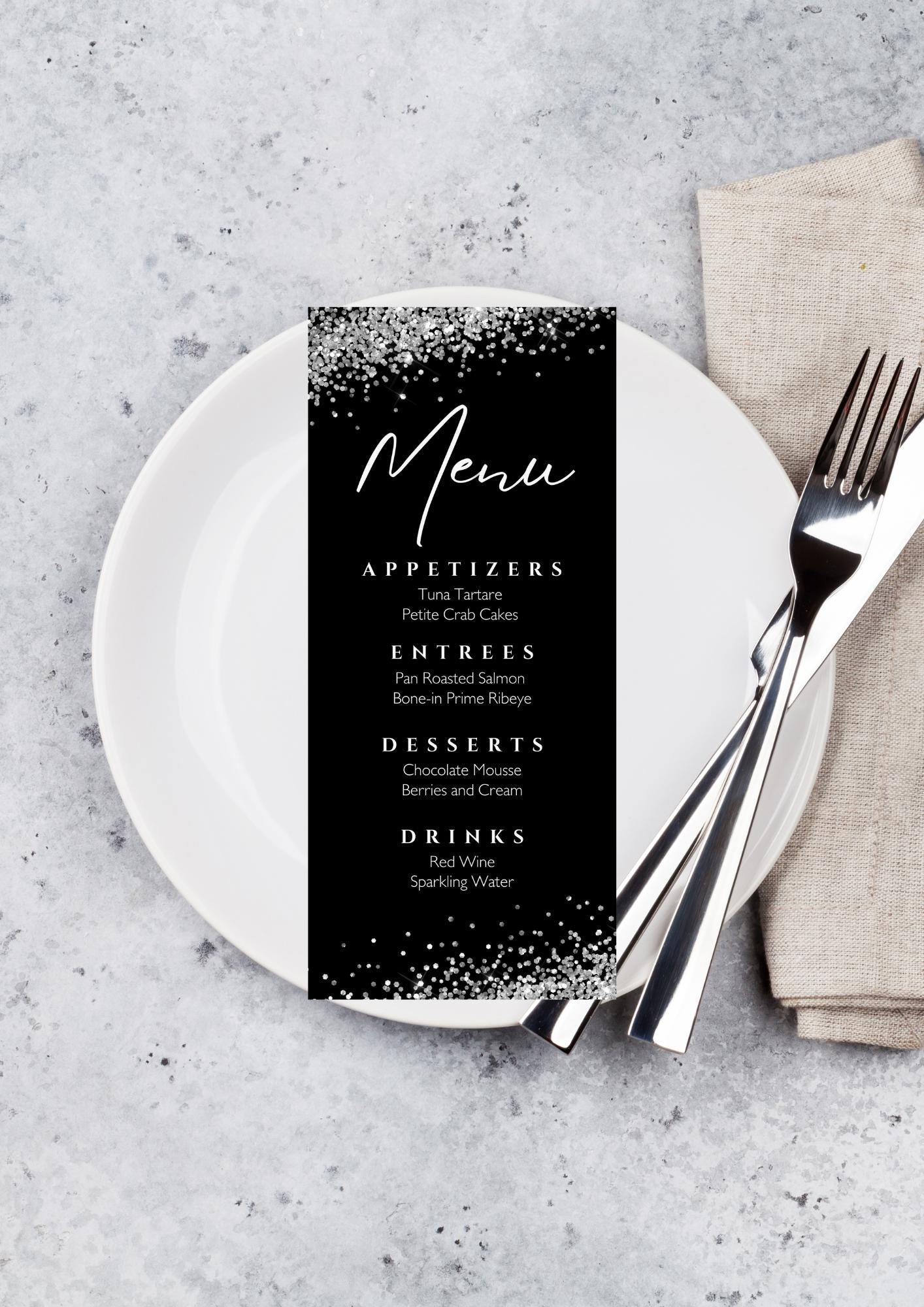 Editable Menu Card Template, Silver and Black, Glitter, Dinner Menu ...