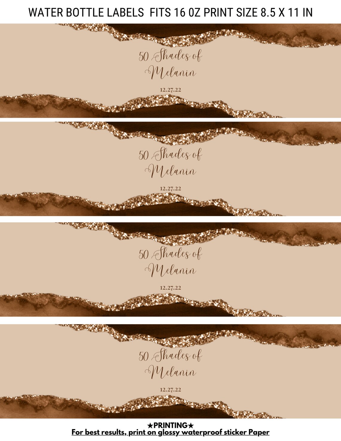 Editable Shades of Melanin Water Bottle Label Template, Brown and Gold ...