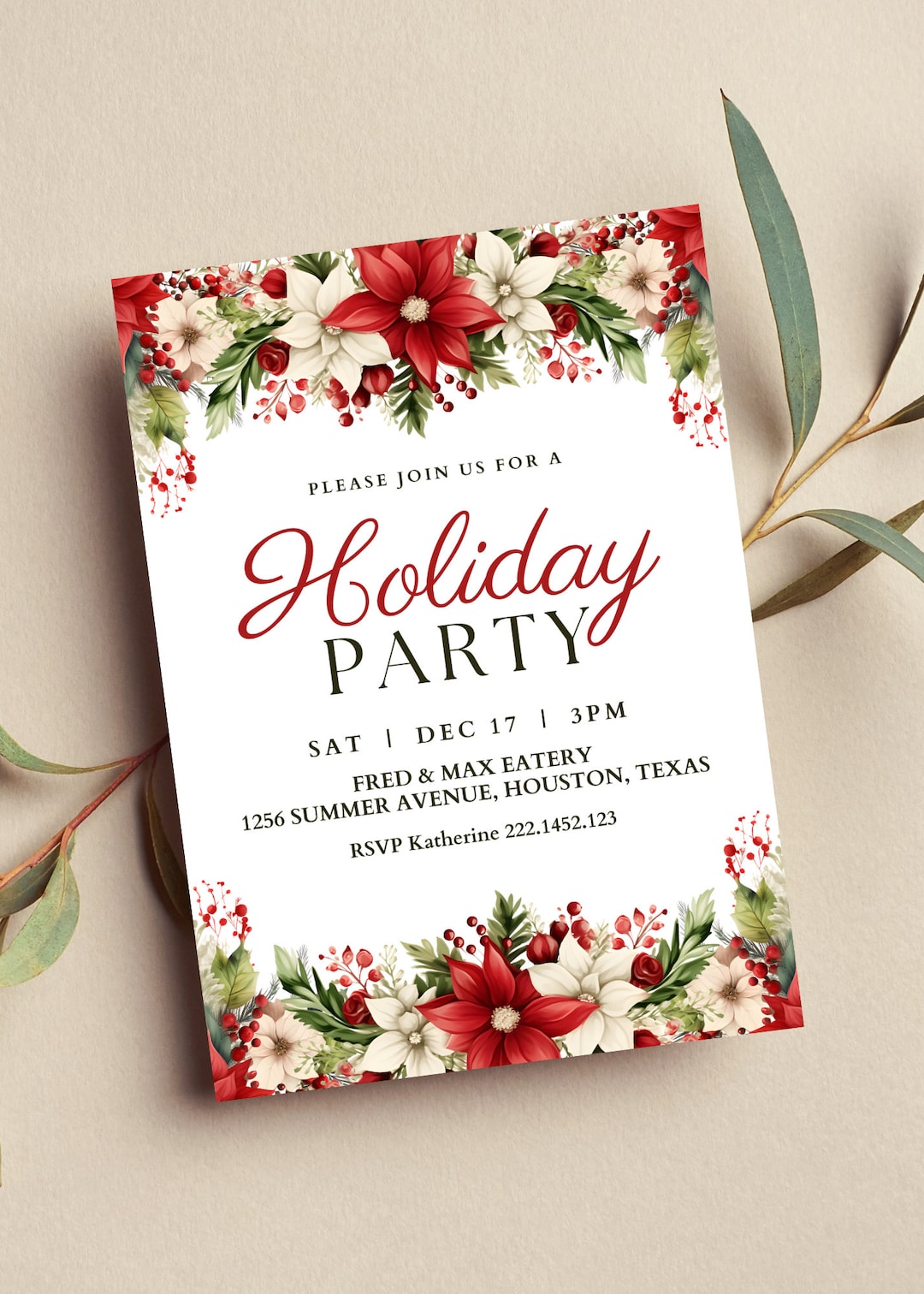 Editable Holiday Party Invitation, Christmas Party, Florals, Printable ...