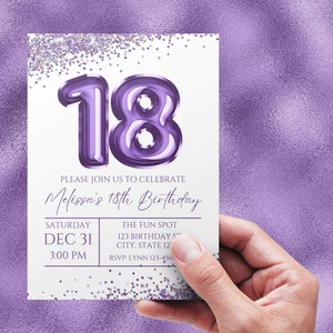 Editable 18th Birthday Invitation, Purple and White Invitation, Purple ...