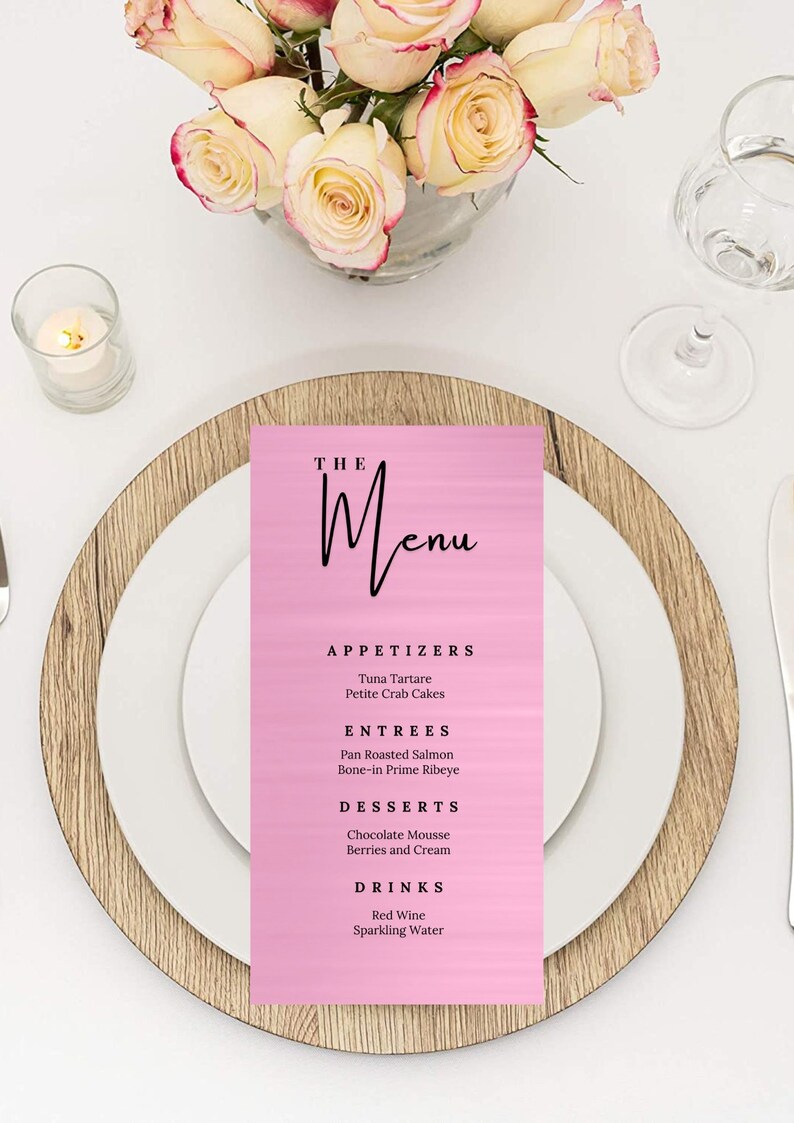 Editable Pink Menu Card, Modern, Minimalist Menu, Birthday Dinner Menu ...