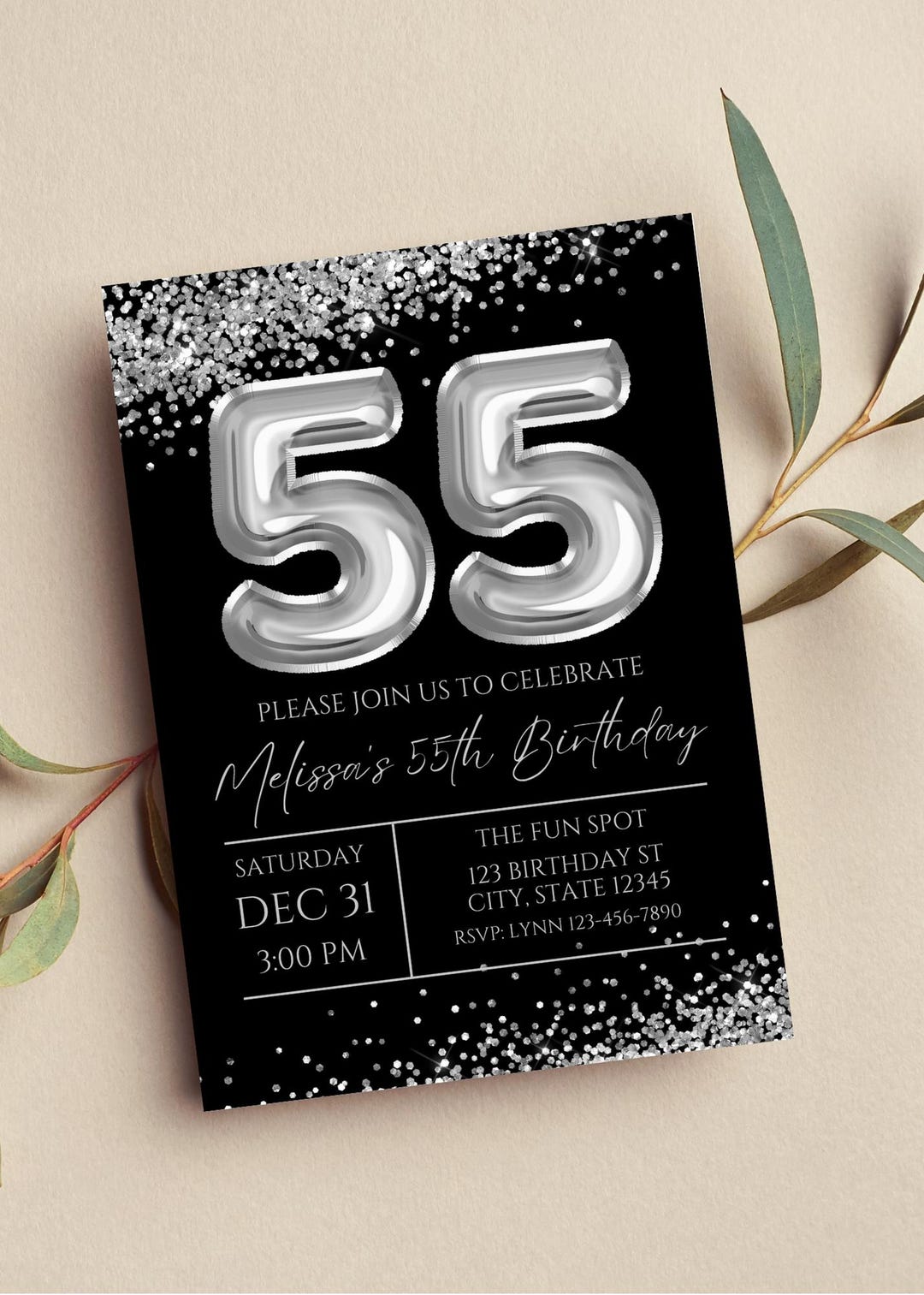 Editable 55th Birthday Invitation, Black and Silver Invitation, Silver ...