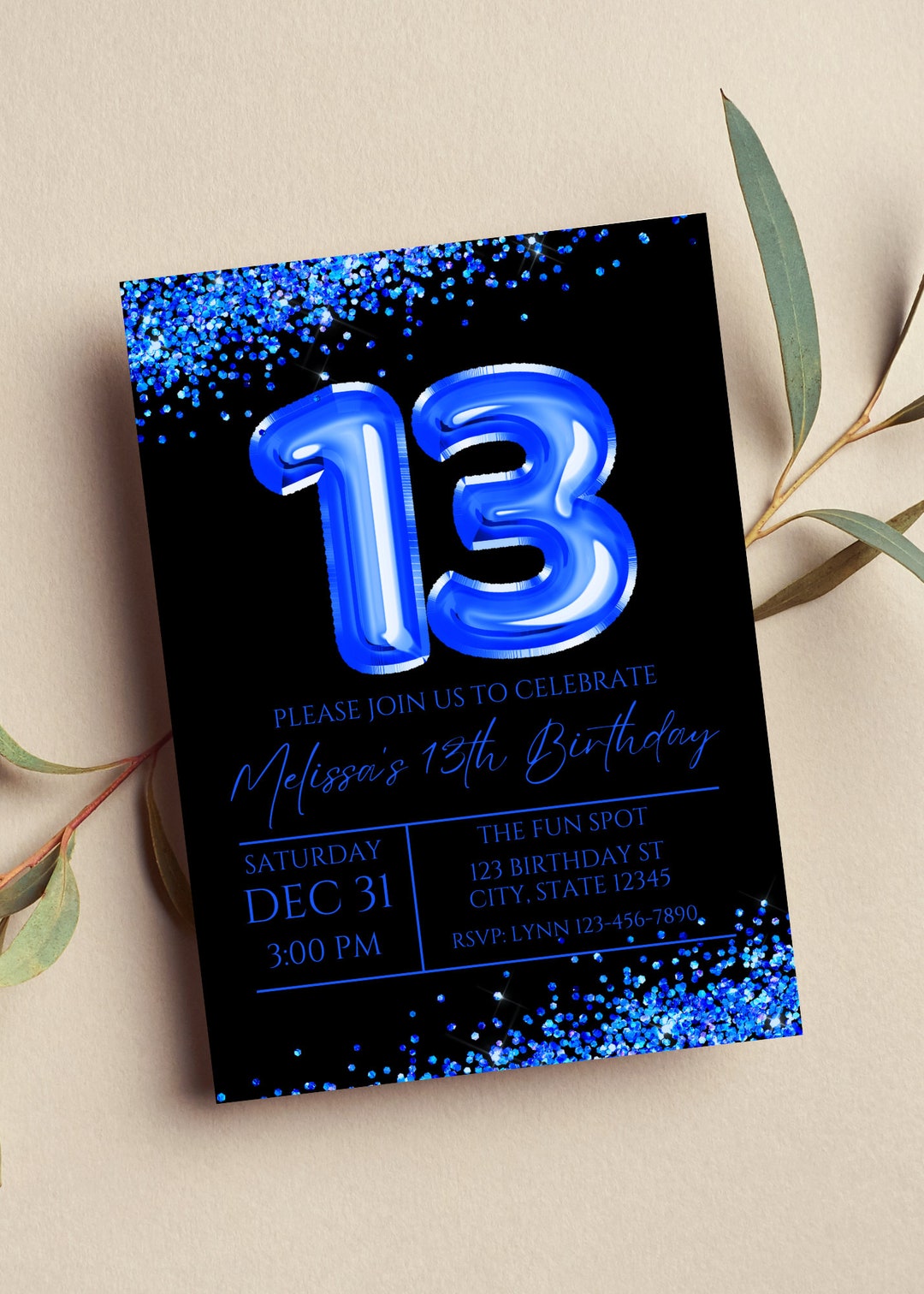 Editable 13th Birthday Invitation, Blue and Black Invitation, Blue 13 ...