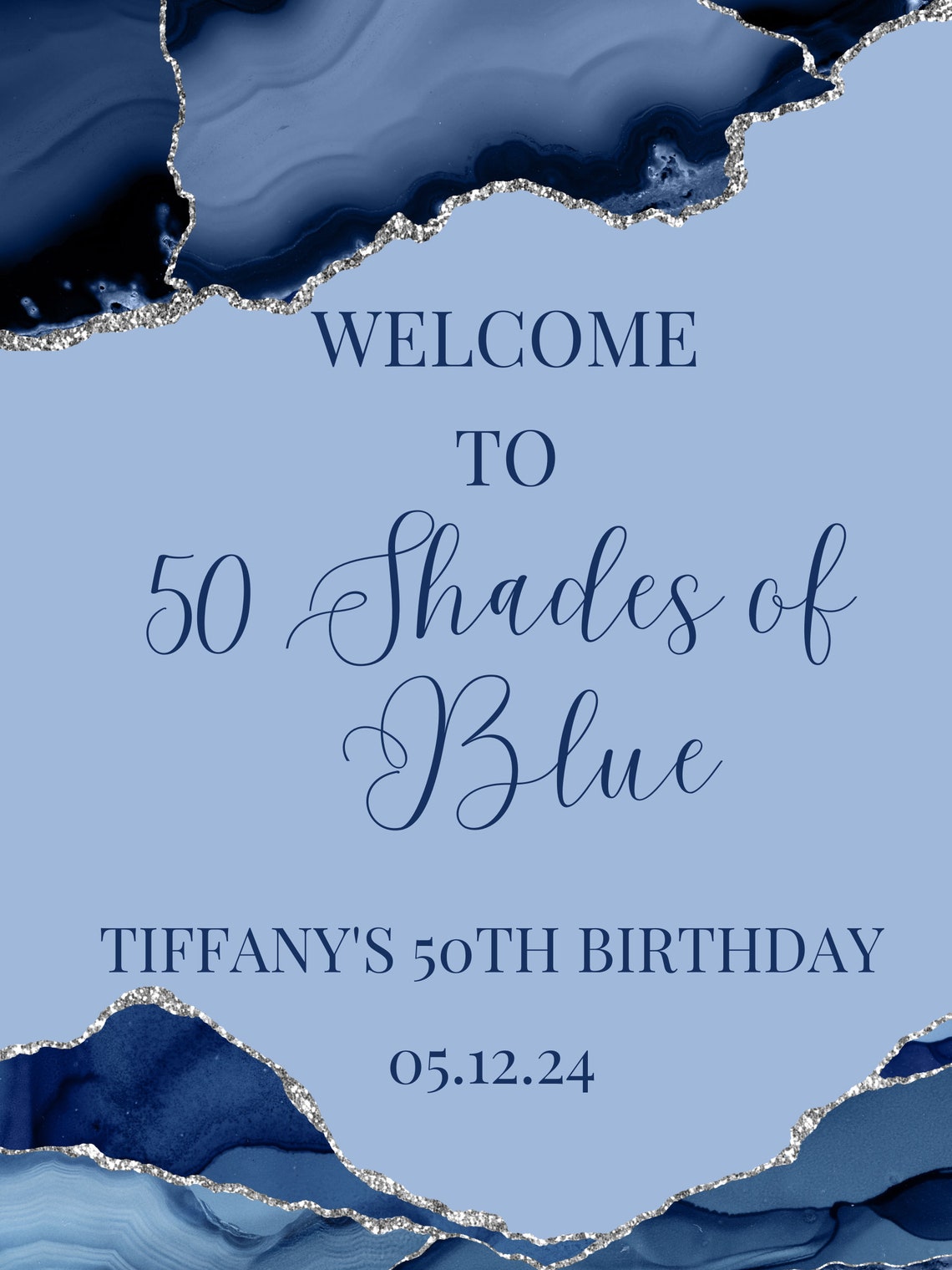 Editable Shades of Blue Birthday Welcome Sign, Blue Agate Birthday ...
