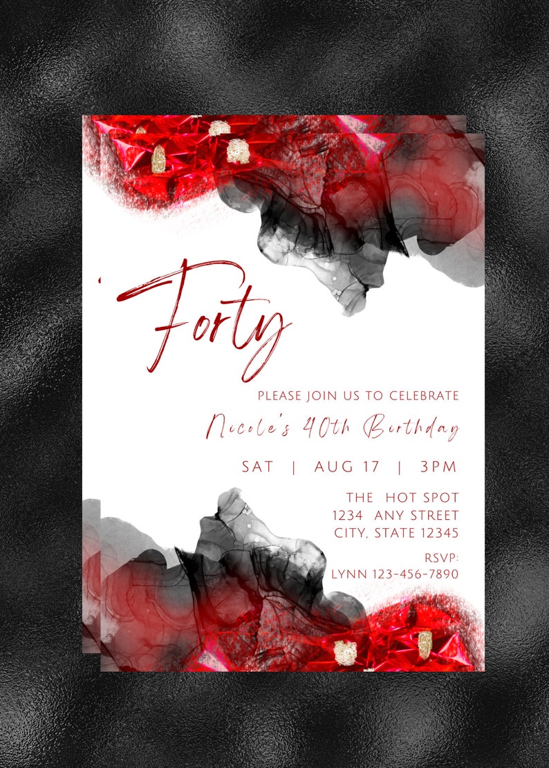 Editable Red, Black, and White Invitation, Watercolor, Glam, Birthday ...
