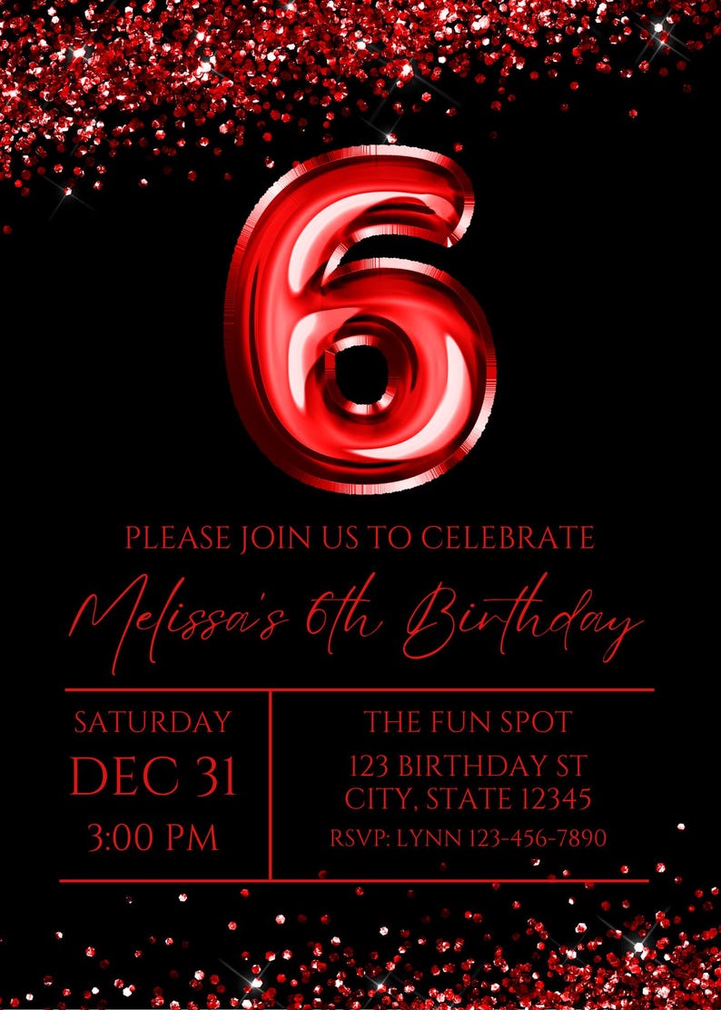 Editable 6th Birthday Invitation, Red and Black Invitation, Red 6 ...