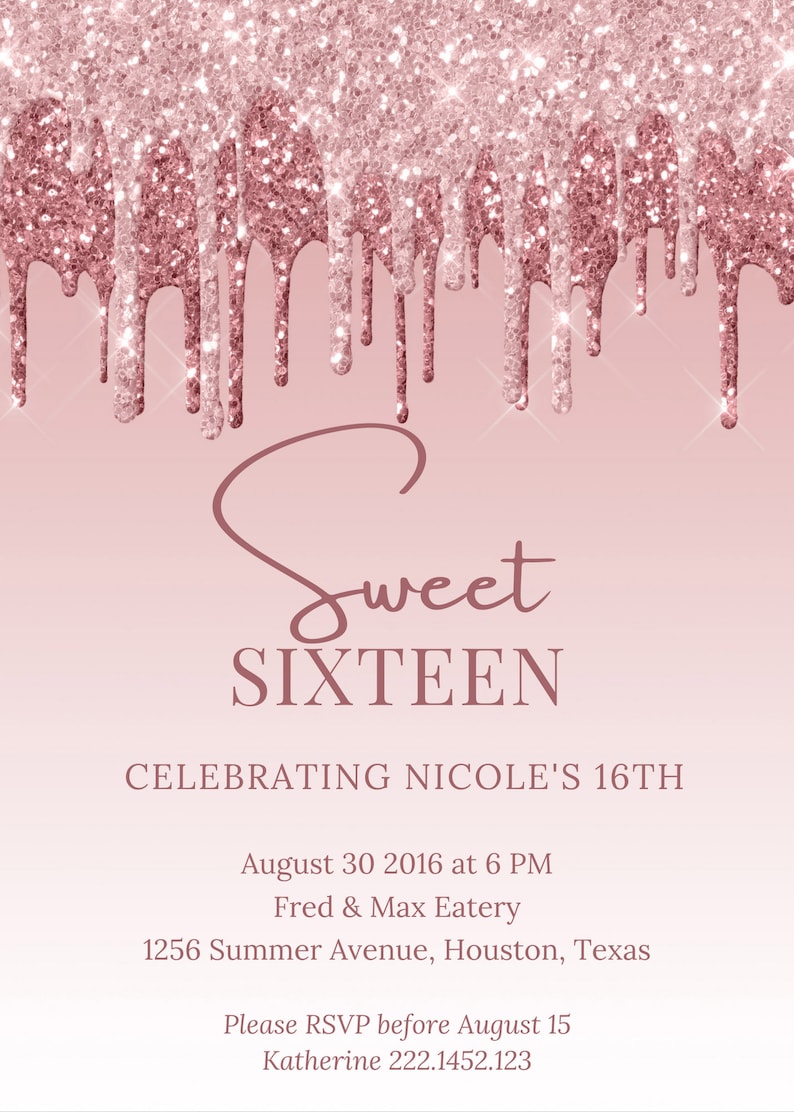 Editable Sweet 16 Birthday Invitation Pink Glitter Drip - Etsy