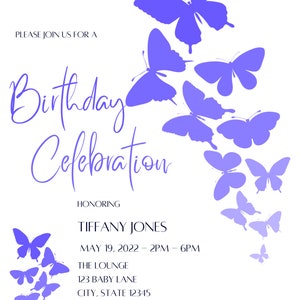 Editable Purple Butterfly Birthday Invitation, Printable Instant ...