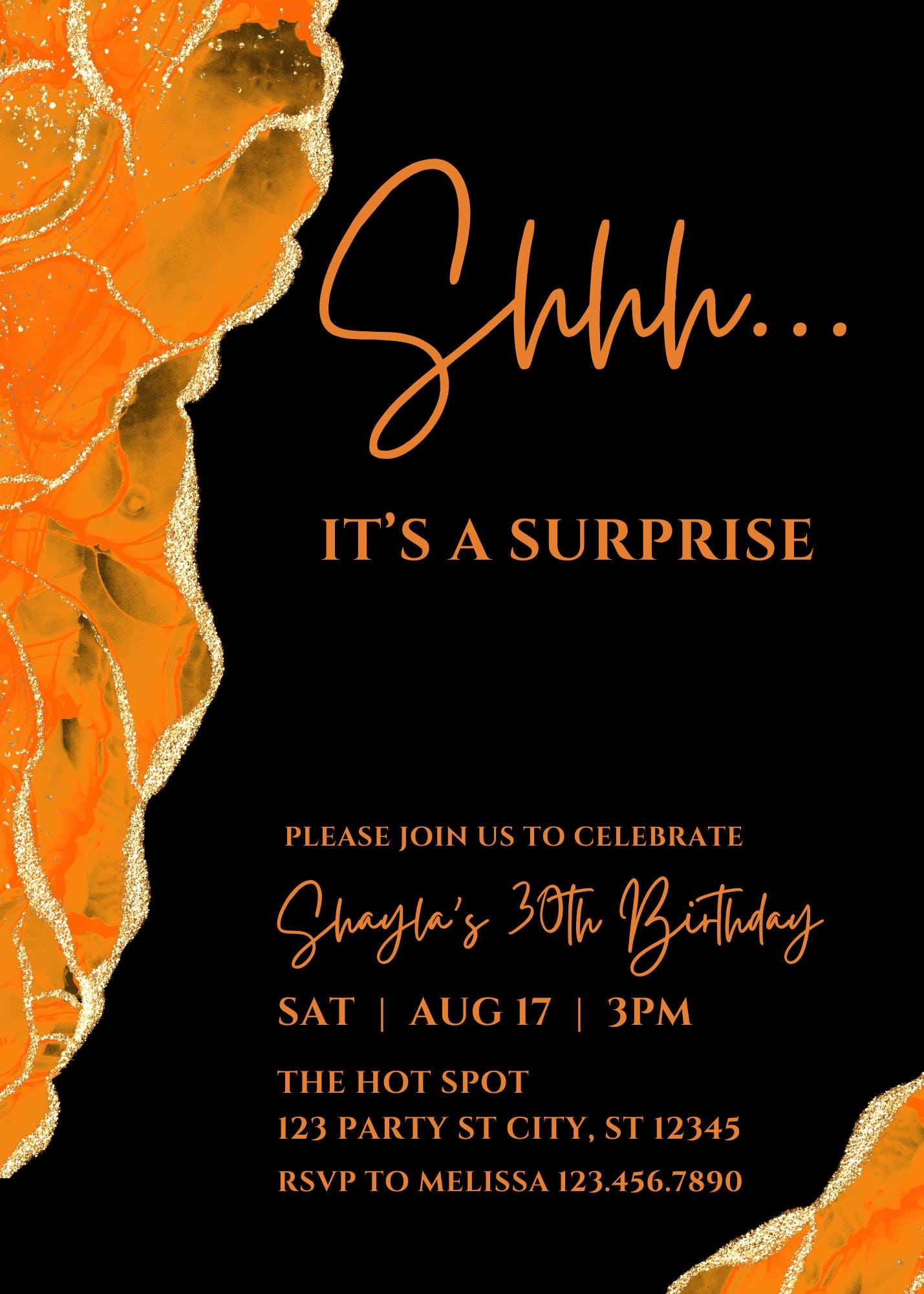 Black And Orange Surprise Party Invitations Templates
