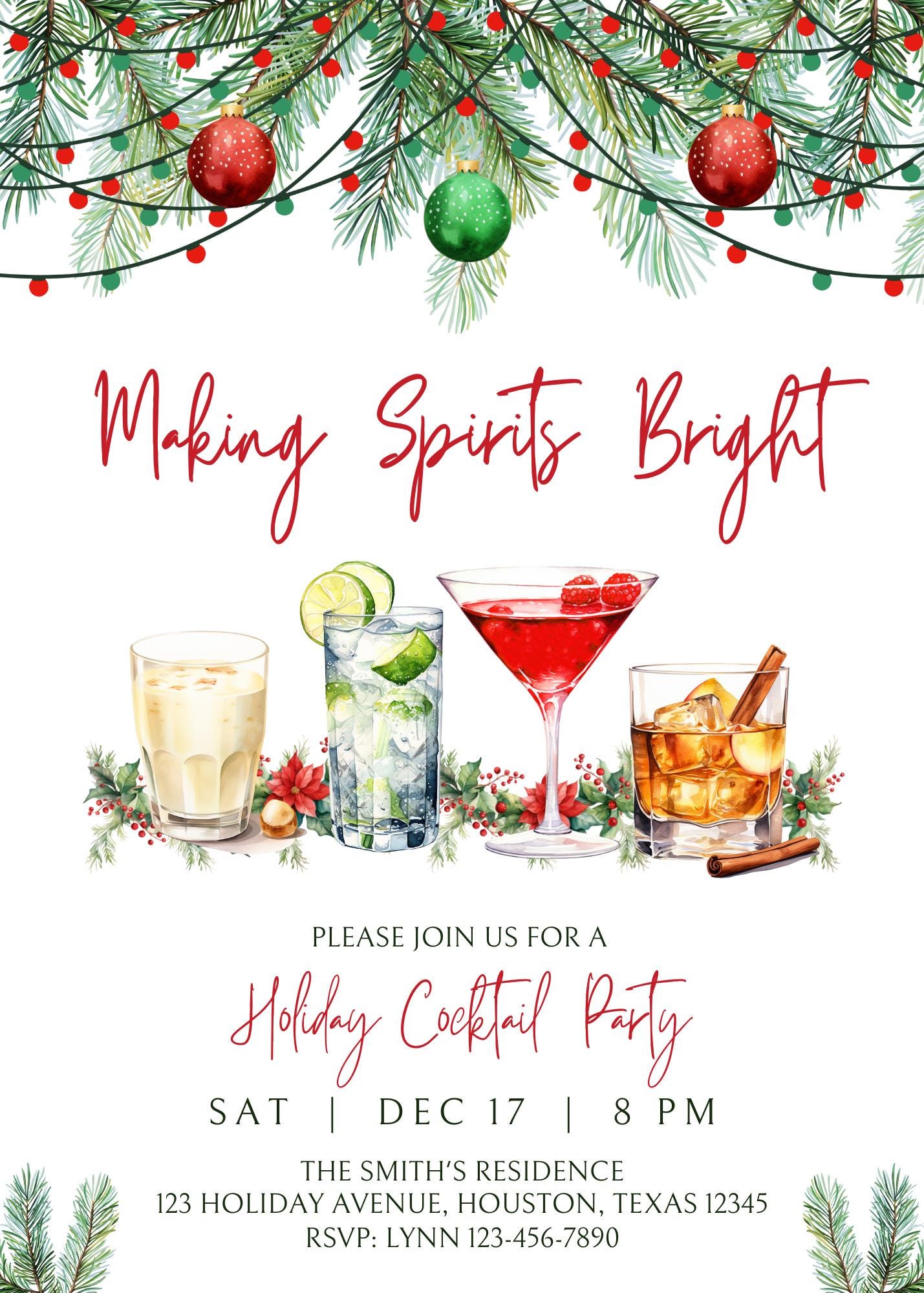 Editable Making Spirits Bright Christmas Invitation, Christmas Cocktail ...