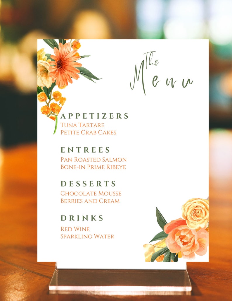 Editable Orange and Yellow Floral Menu Card Template Floral - Etsy